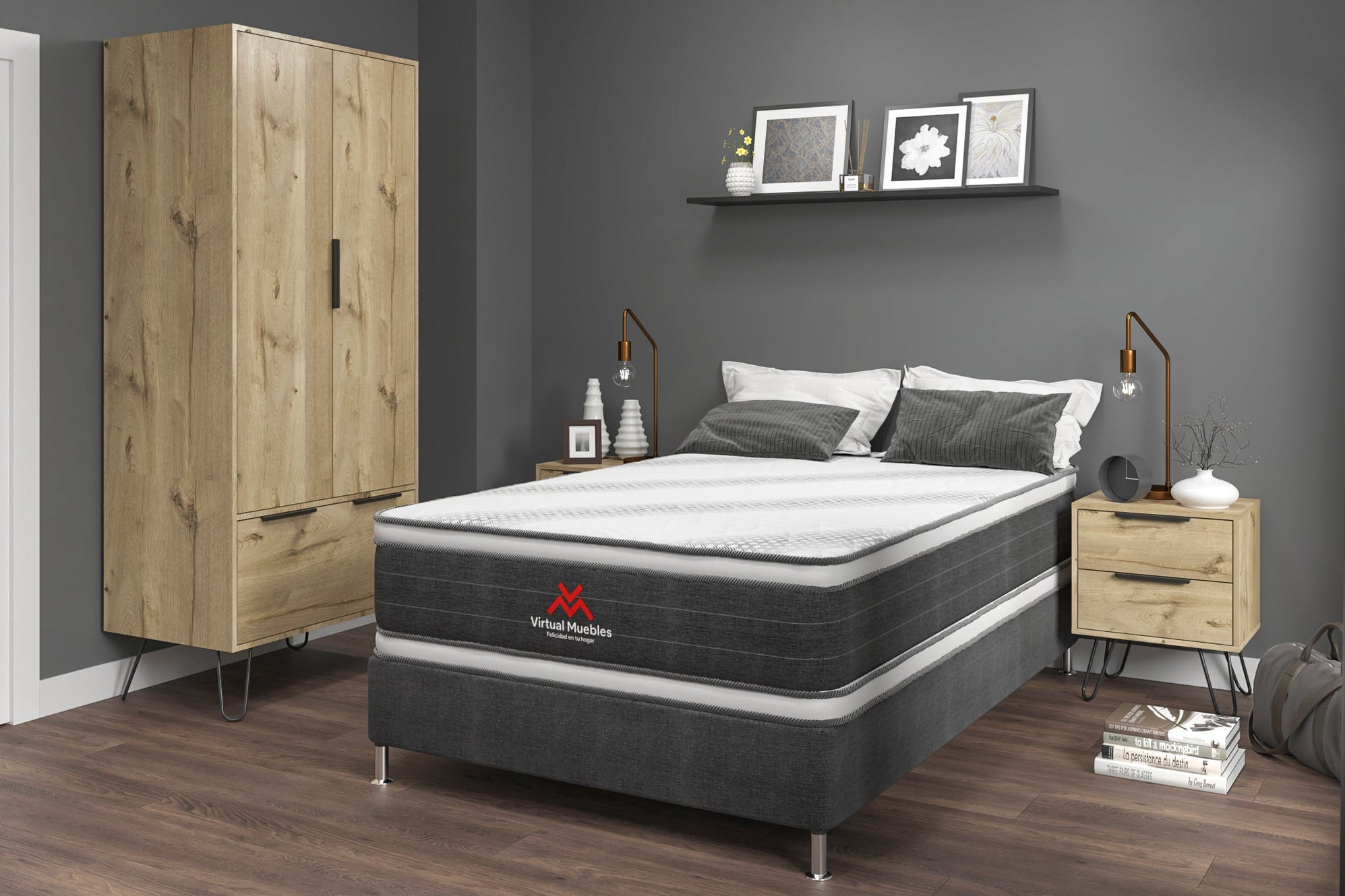 Combo para habitación marduk, incluye base cama semidoble, colchón y p ...