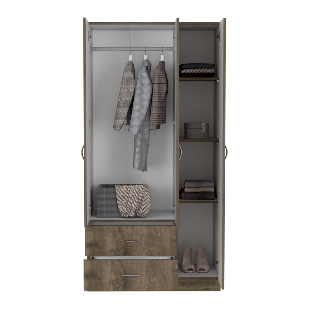 Closet américa, nogal y blanco, con dos cajones y variedad de entrepañ ...