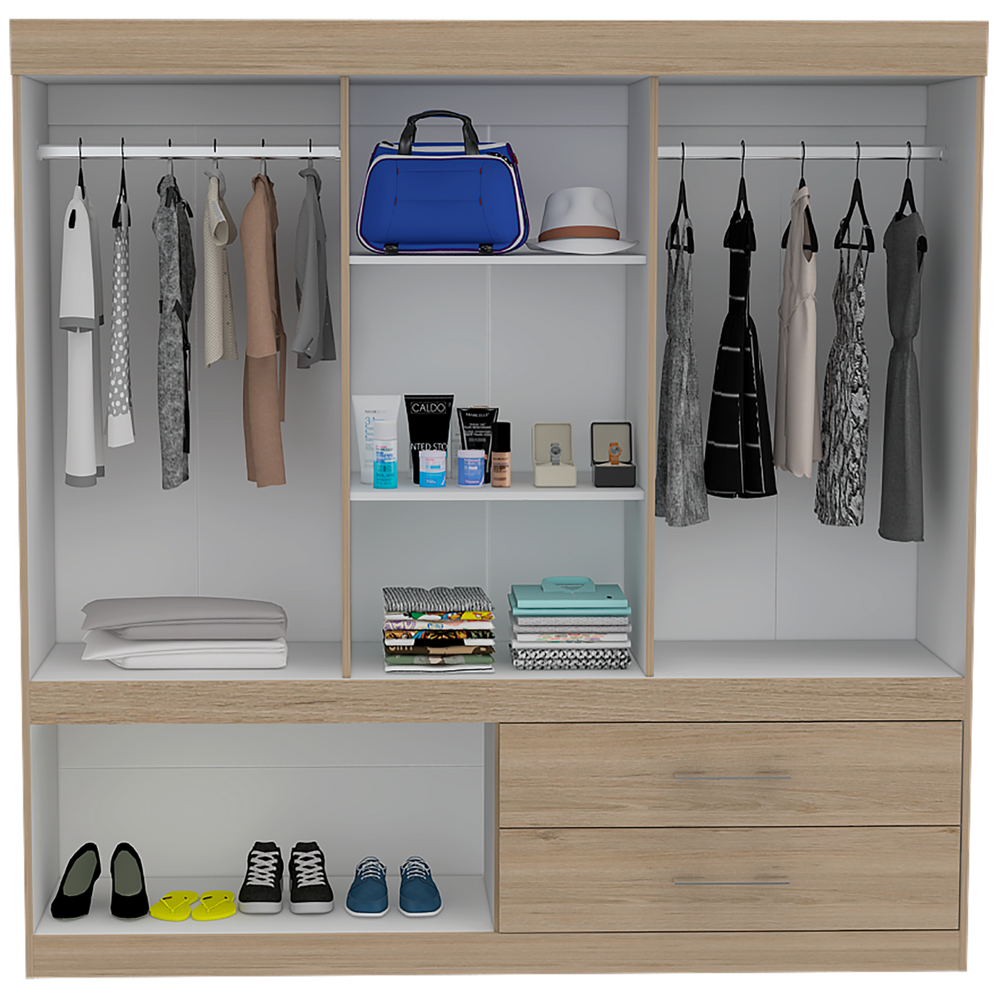 Closet allegro, beige y blanco, con dos cajones y dos tubos cromados p ...