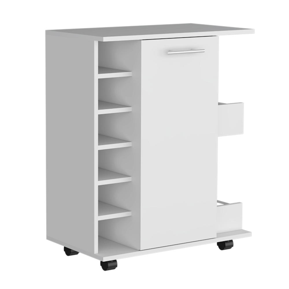 Bar movible liam, blanco duqueza, con espacio para ubicar copas y roda - Madecentro